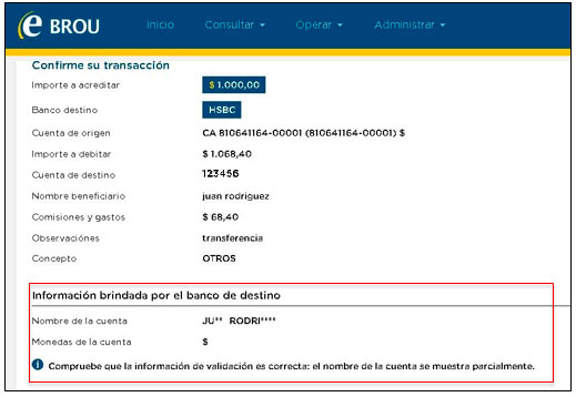 Validación de nombre y moneda SPI - BROU